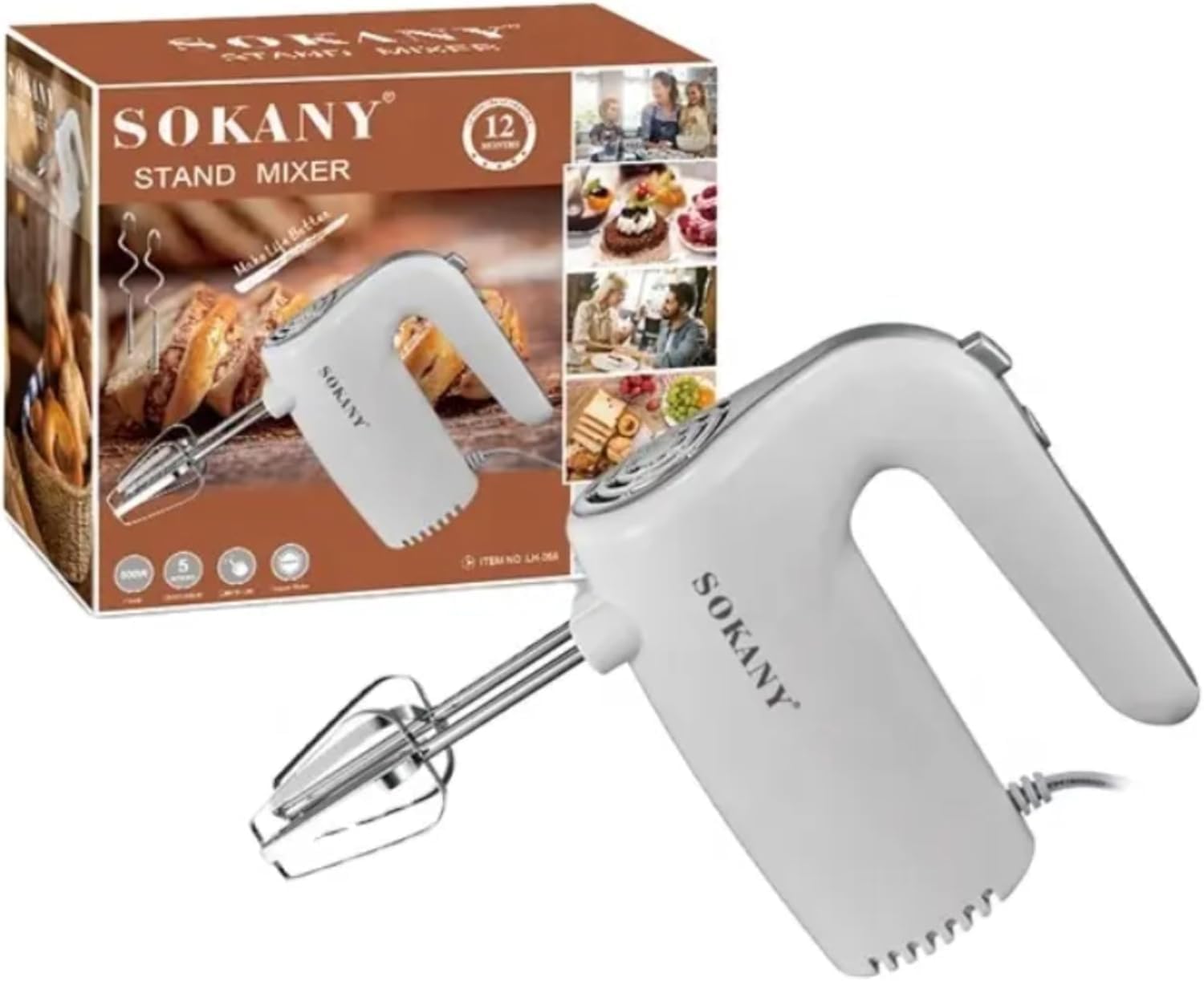 Sokany Hand Mixer – 5-Speed, 500W, with Beaters and Dough Hooks, White ...